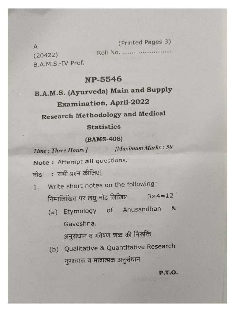 BAMS Final Year Research Methodology and Medical Statistics | PDF