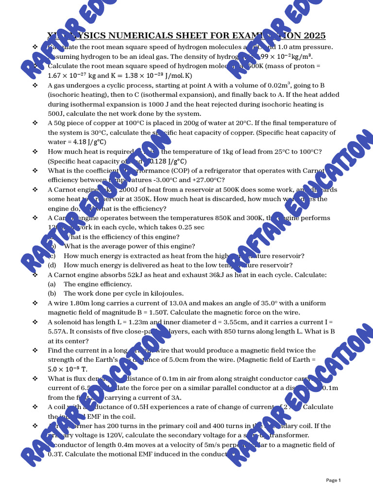 Raftar Education Xii Physics Numerical Sheet | PDF | Electron | Electronvolt