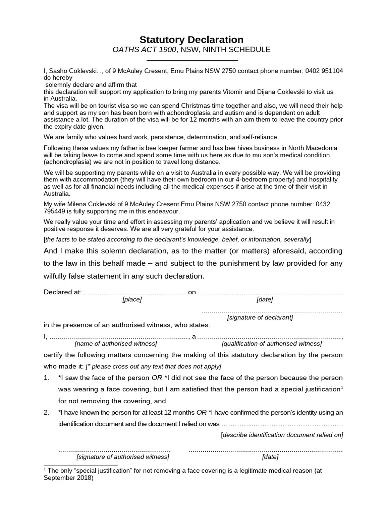 Statutory Declaration for Visa Support | PDF | Witness | Justice