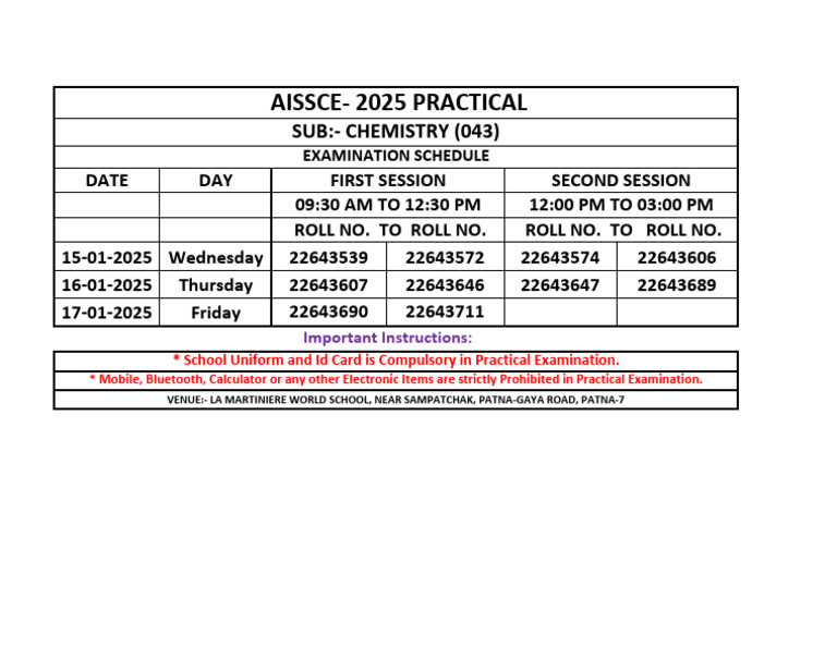 Chemistry Practical Time Table | PDF