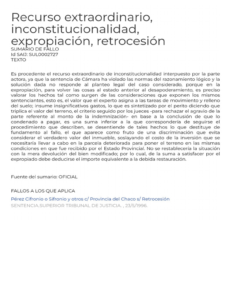 Recurso Extraordinario, Inconstitucionalidad, Expropiación, Retrocesión ...