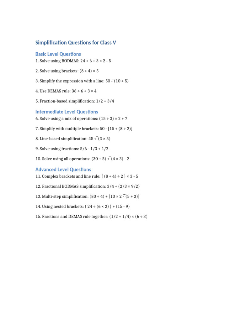 Simplification Questions Class V | PDF