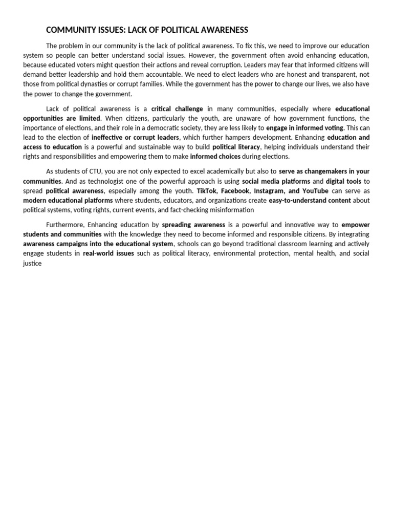 Community Issues: Lack of Political Awareness | PDF