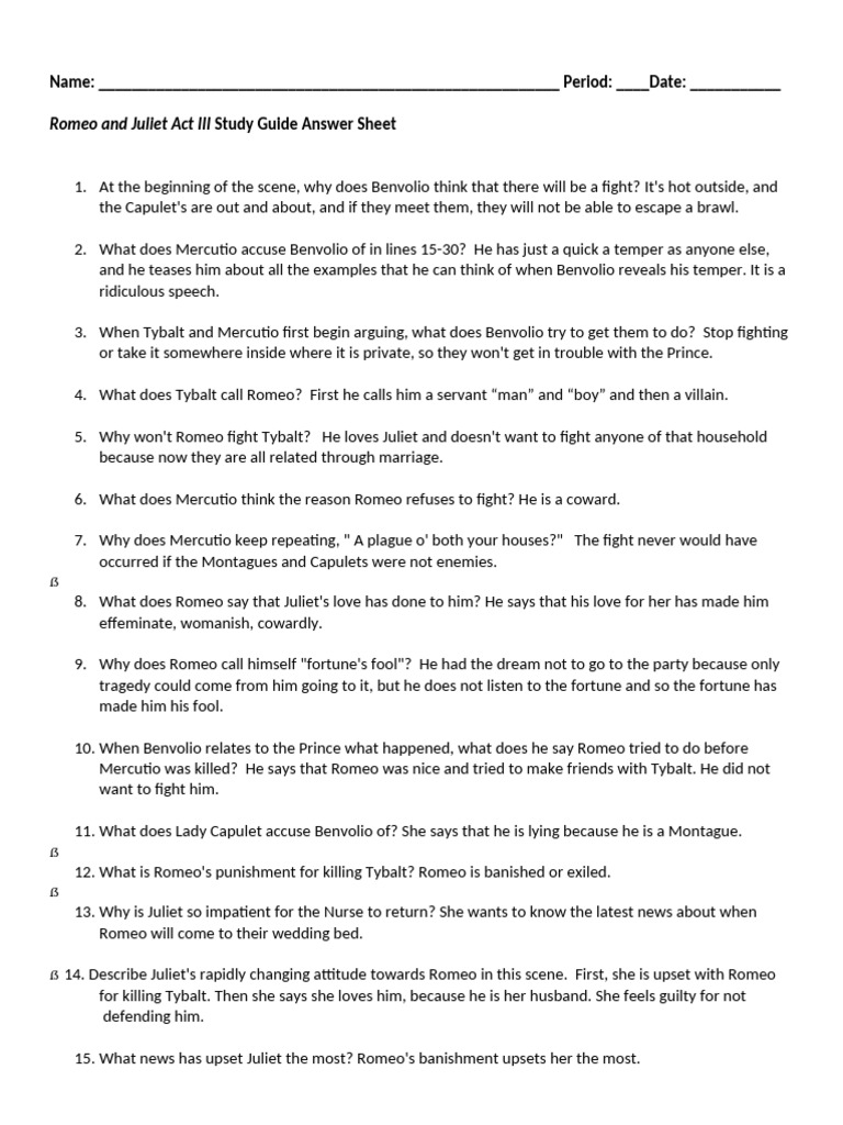 Romeo and Juliet Act III Review Answer Sheet | PDF | Characters In ...