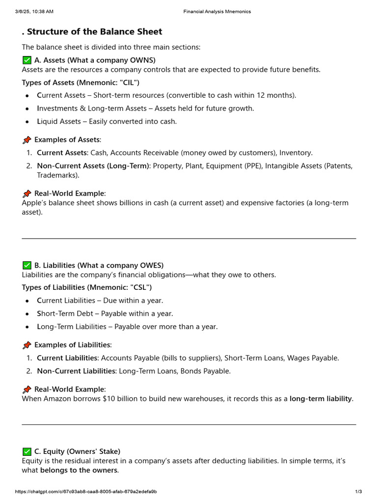 Financial Analysis Mnemonics | PDF | Equity (Finance) | Balance Sheet