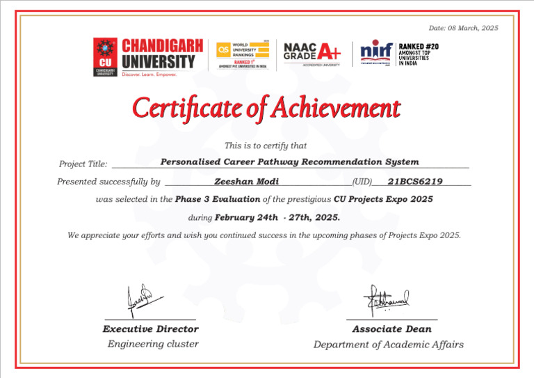 CU Projects Expo 2025 Certificate | PDF