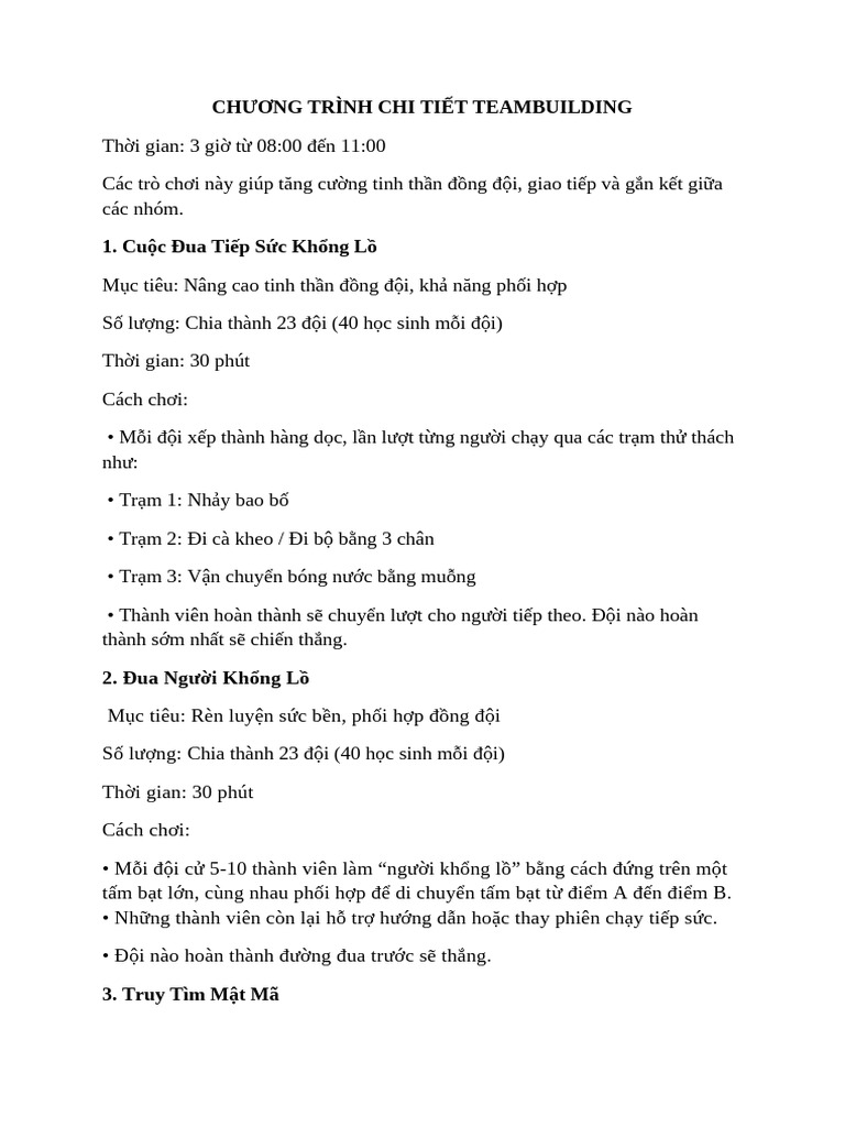 Chương Trình Chi Tiết Teambuilding | PDF