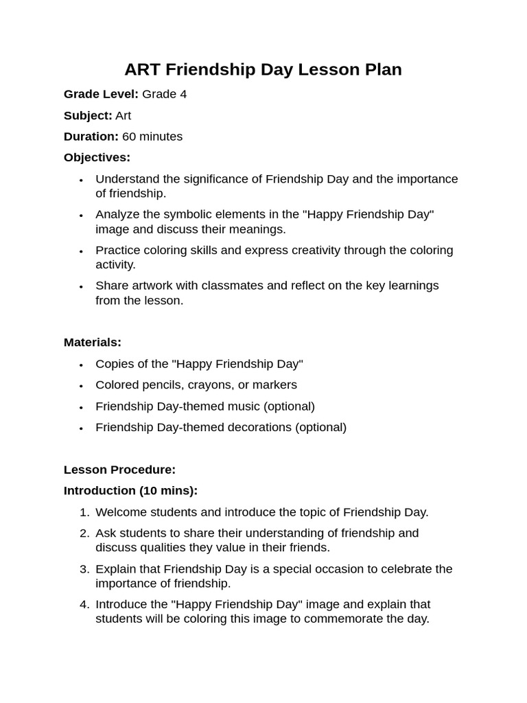 ART Friendship Day Lesson Plan | PDF | Image | Creativity