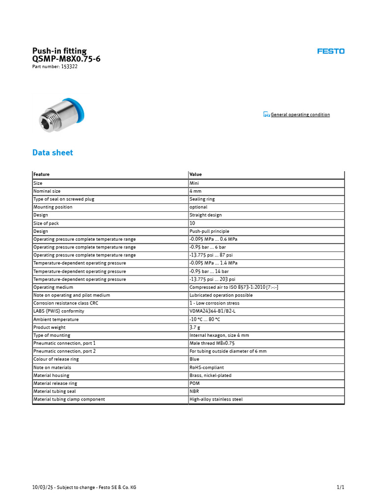 Festo QSMP-M8X0.75-6 Push-in Fitting | PDF