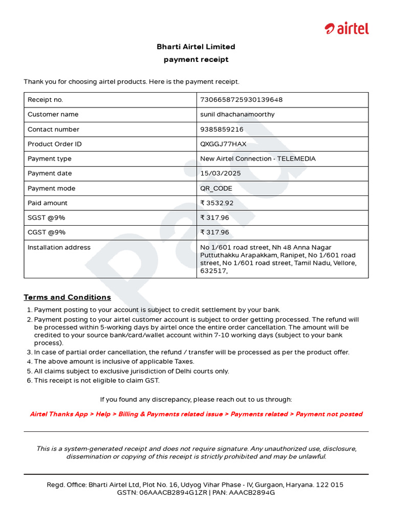 Airtel Payment Receipt for New Connection | PDF | Receipt | Taxes