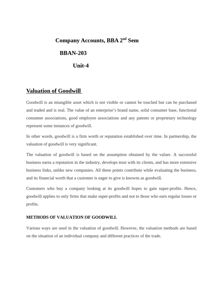 BBAN-203-METHODS-OF-VALUATION-OF-GOODWILL-UNIT-4-BHARTI-AGGARWAL | PDF | Goodwill (Accounting ...