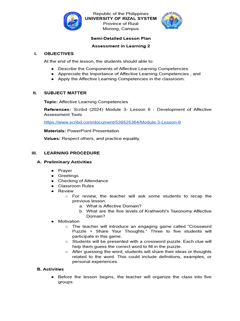 FRANCISCO SAN V. LESSON PLAN (Final) | PDF | Motivational | Motivation