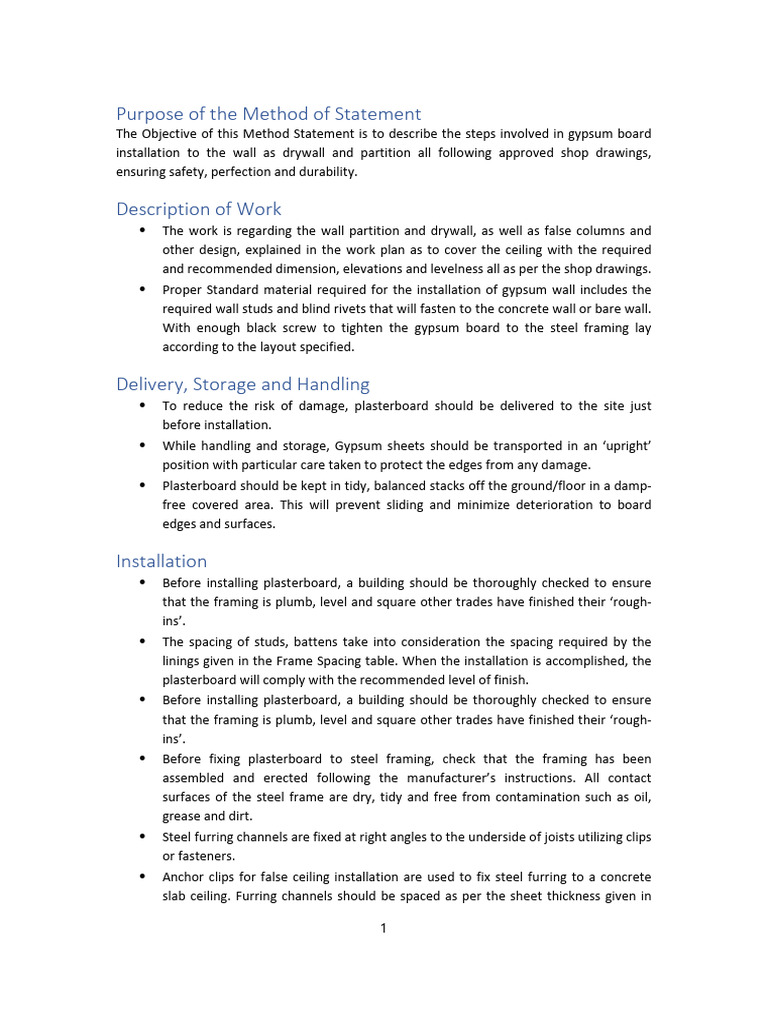 Gypsum Board Installation Method Statement | PDF | Drywall | Framing ...