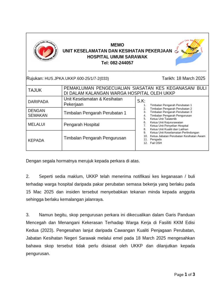 Memo Pemakluman Pengecualian Notifikasi Kes Keganasan Di Peringkat ...