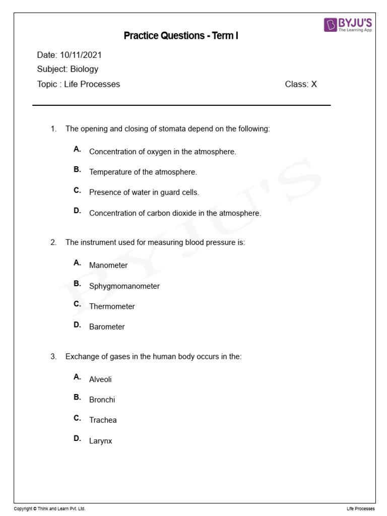 CBSE Class 10 Life Processes MCQ Practice Questions | PDF | Stomach ...