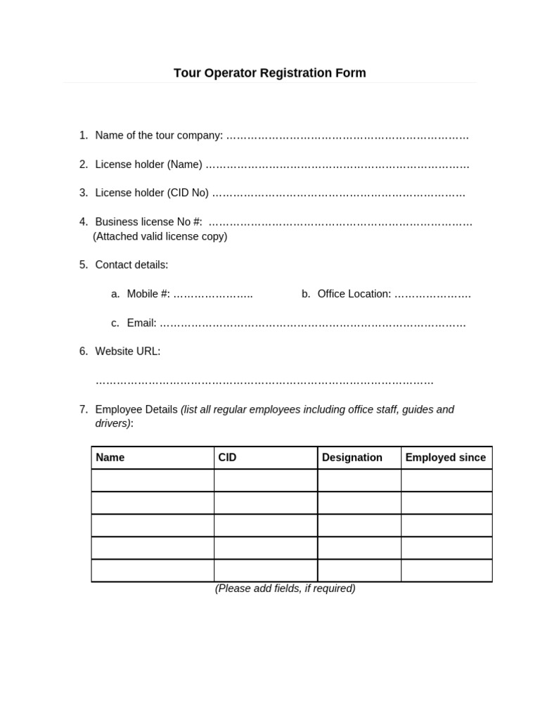 Tour Operator Registration Form Template | PDF