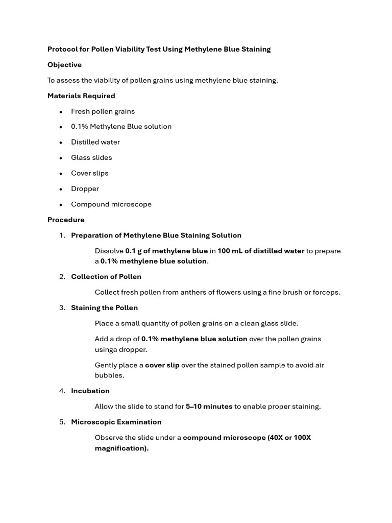 Protocol For Pollen Viability Test Using Methylene Blue Staining | PDF