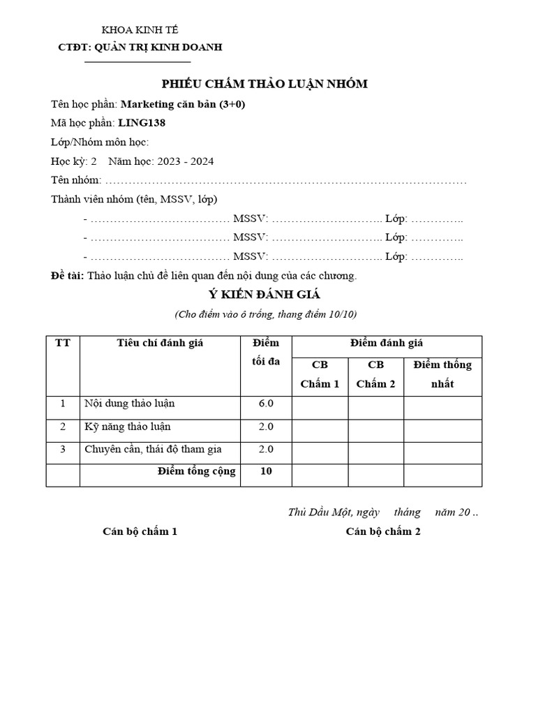 Phieu Cham & Rubric Thao Luan Nhom | PDF