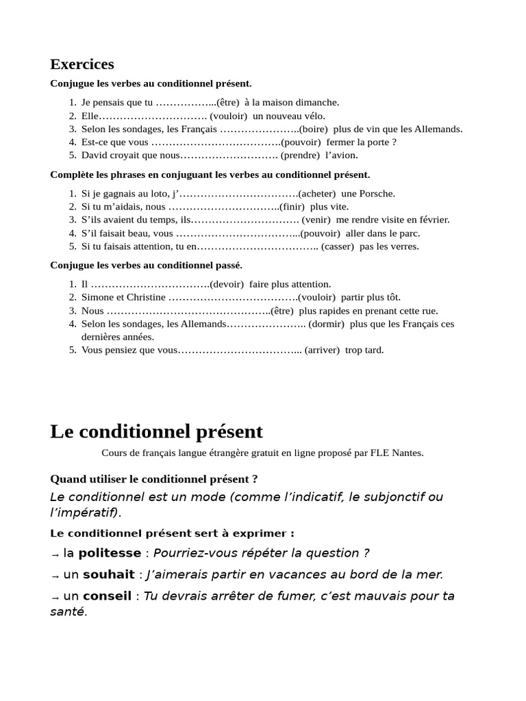 Exercices sur le conditionnel en français | PDF | Verbe | Relations ...