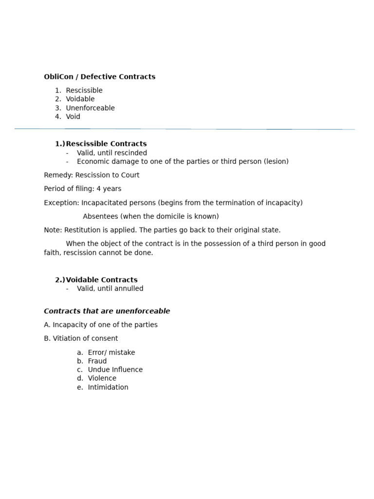 ObliCon - Defective Contracts | PDF | Annulment | Private Law