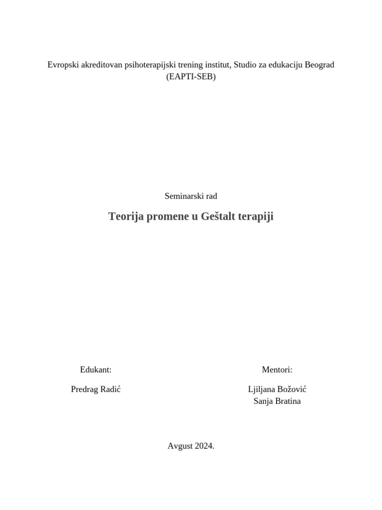 Teorija Promene U Geštalt Terapiji (Seminarski Rad, Predrag Radić) | PDF