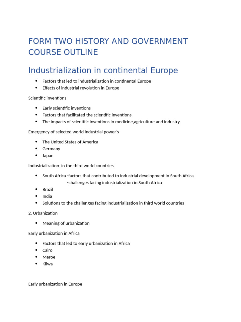 Form Two History and Government Course Outline | PDF
