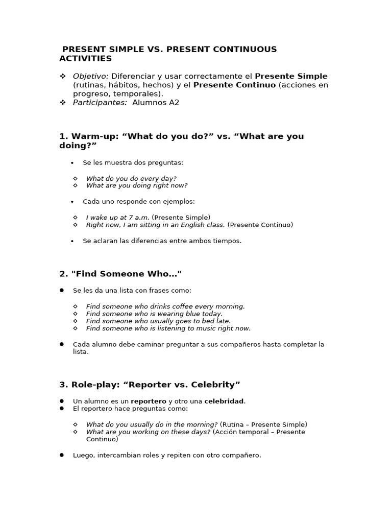 Actividades Pr.Simple y Pr.Continuous | PDF