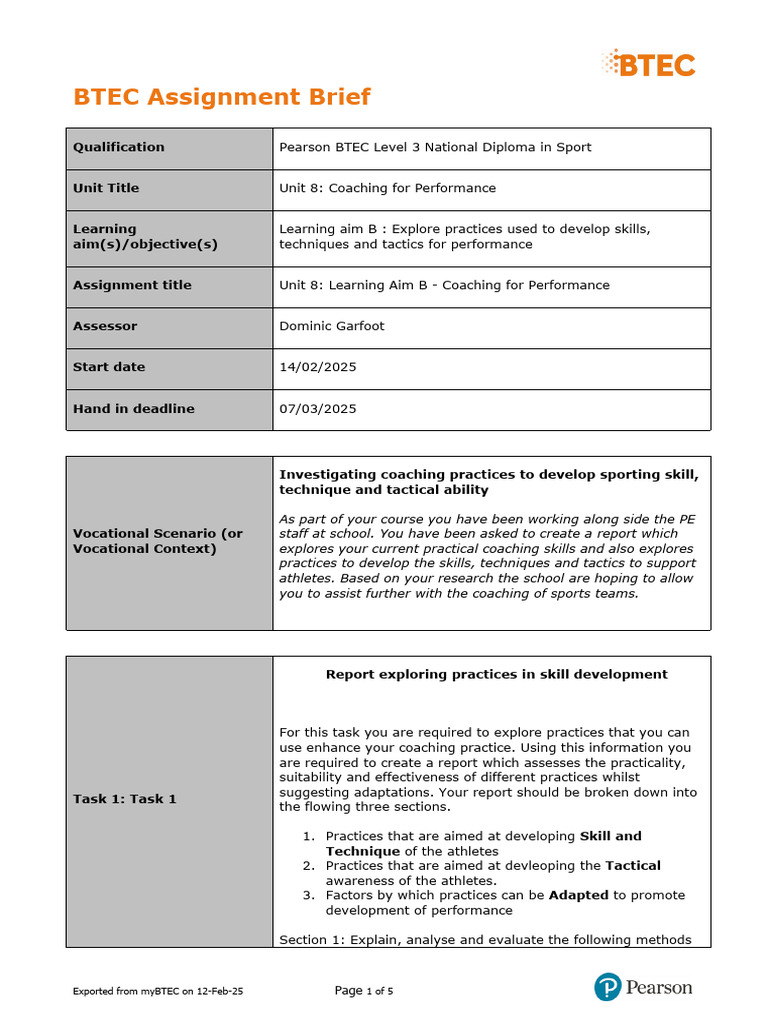 Assignment Brief - Unit 8 - Coaching For Perf | PDF | Sports | Learning