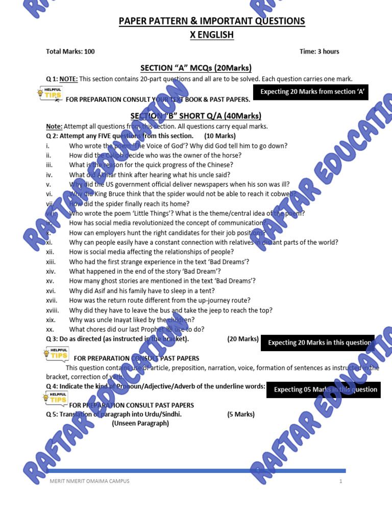 Raftar Education X Eng Important Questions-Paper Pattern-1 | PDF ...