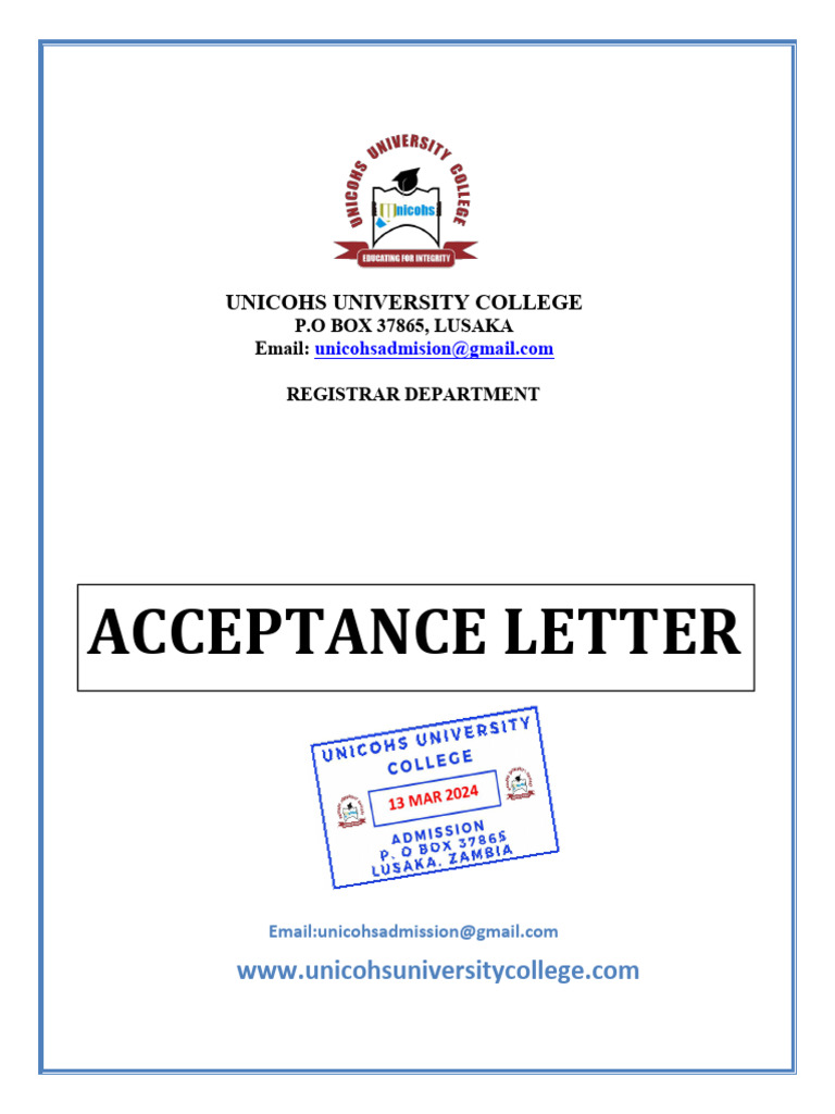 UNICOHS University College Admission Letter | PDF
