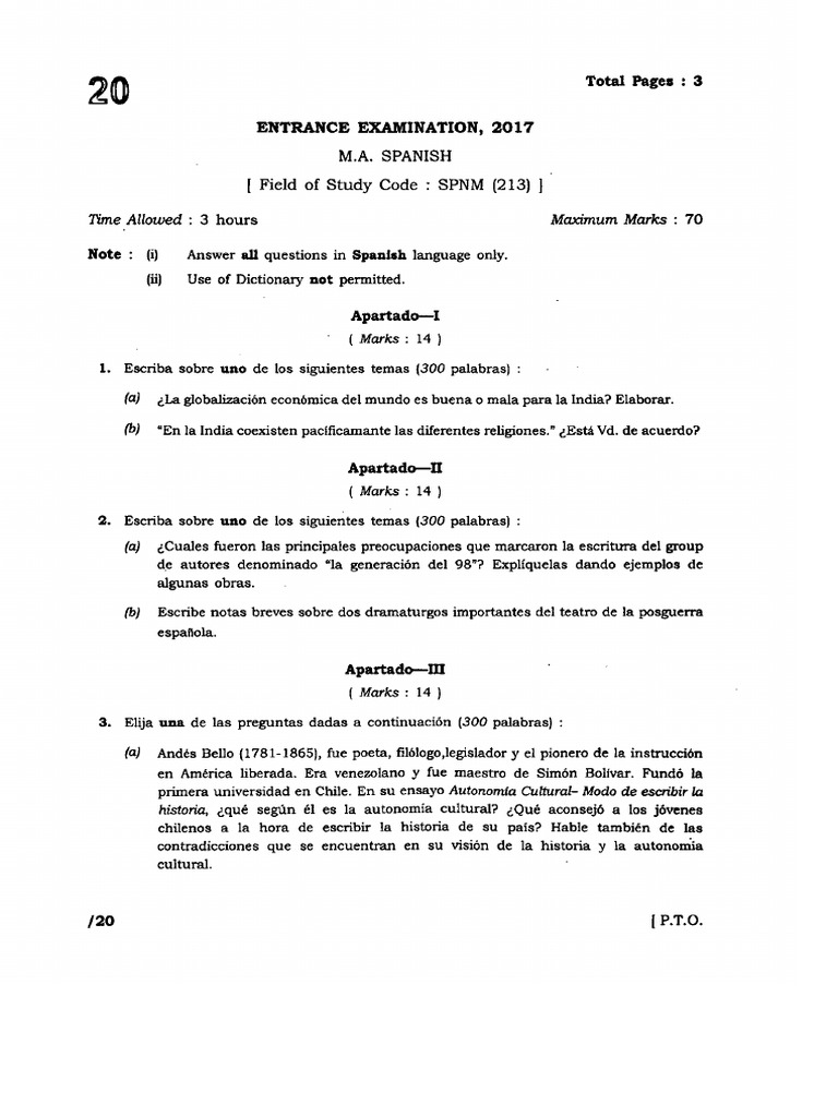 Jnuee Ma Spanish Question Paper 2017 1601 | PDF | Argentina