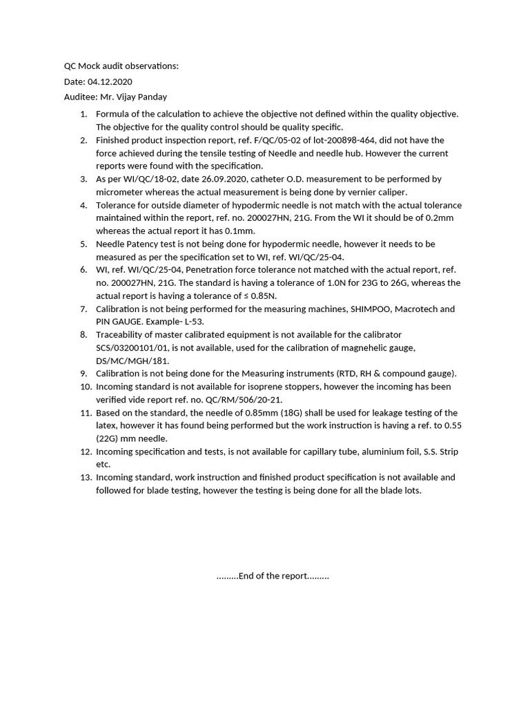 QC Mock audit observations | PDF