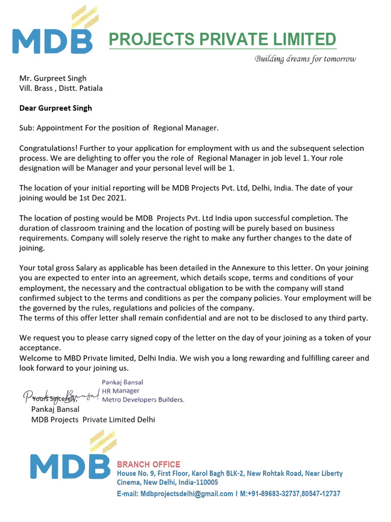 Regional Manager Appointment Letter | PDF