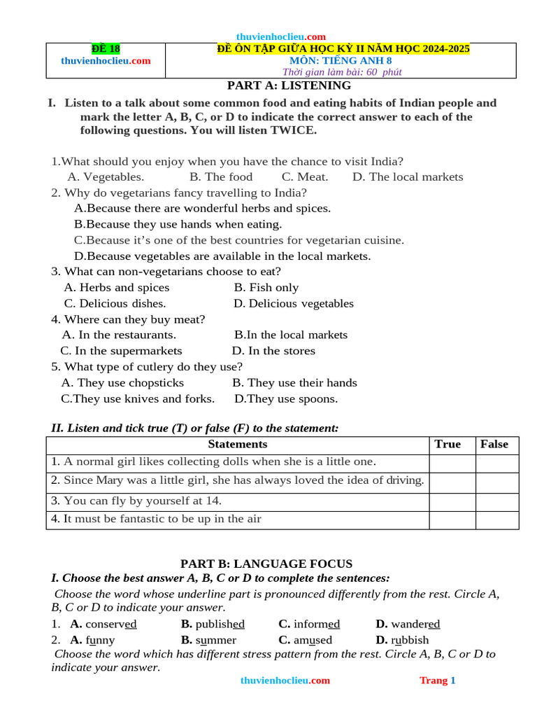 Thuvienhoclieu.com de Kiem Tra Giua HK2 Anh 8 de 18 | PDF | Hue | Foods