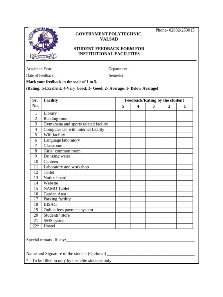 Student Feedback Form for Facilities | PDF