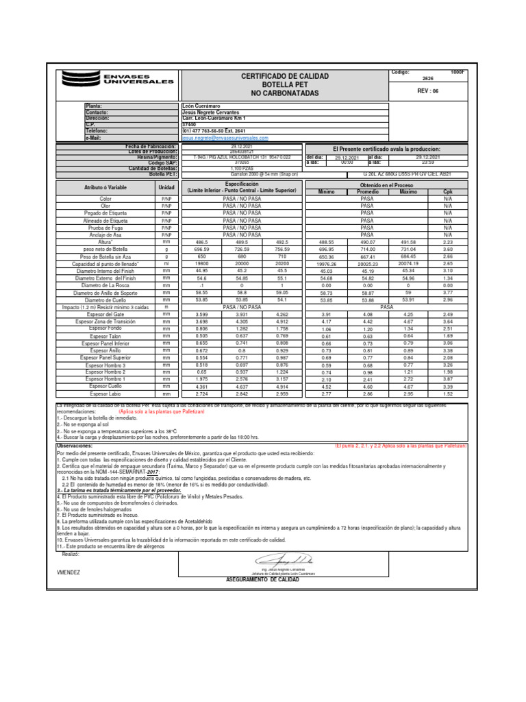 Certificado de Calidad Botella Pet No Carbonatadas: 29.12.2021 ...