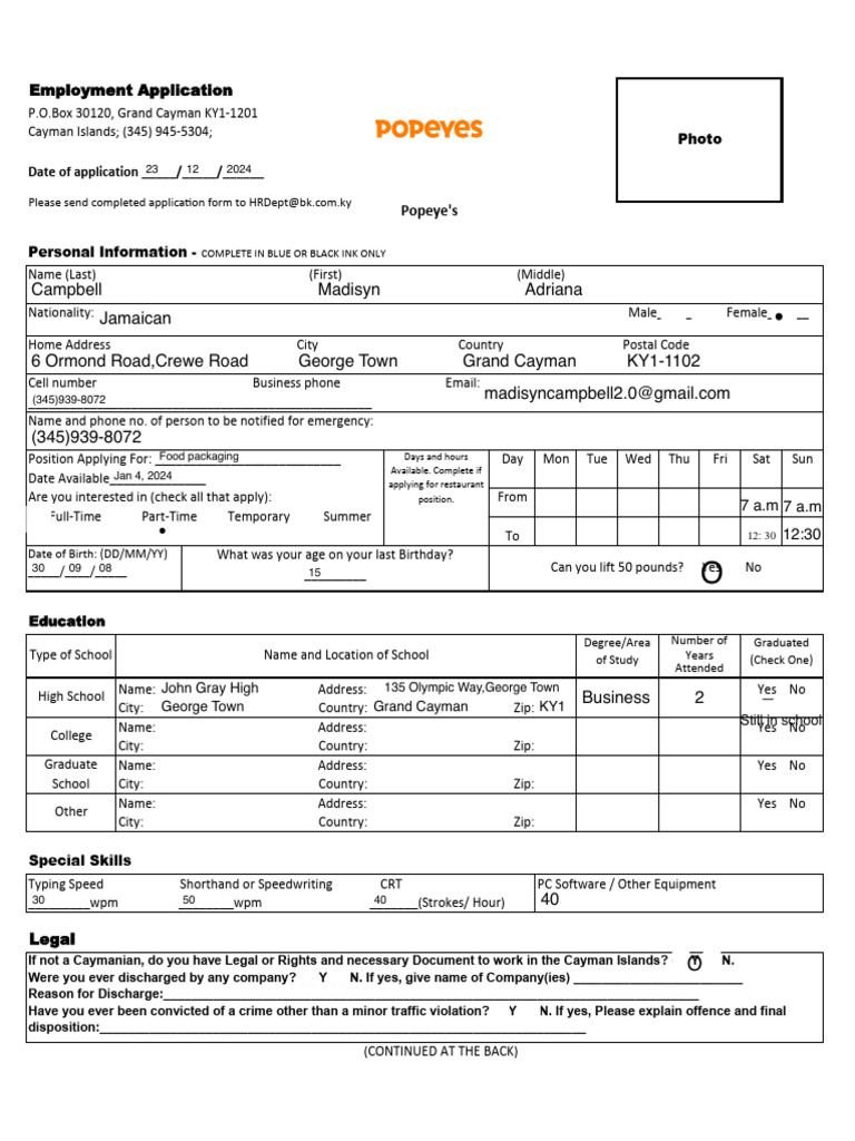 Popeyes Employment Application Form | PDF | Employment | Common Law