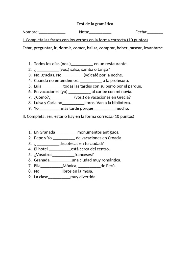 Test de Gramática en Español: Verbos y Ser/Estar | PDF
