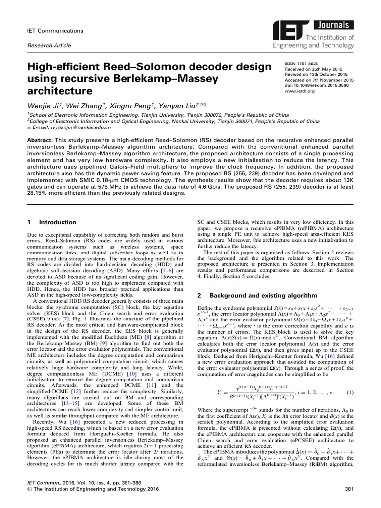 IET Communications - 2016 - Ji - High Efficient Reed Solomon Decoder Design Using Recursive ...