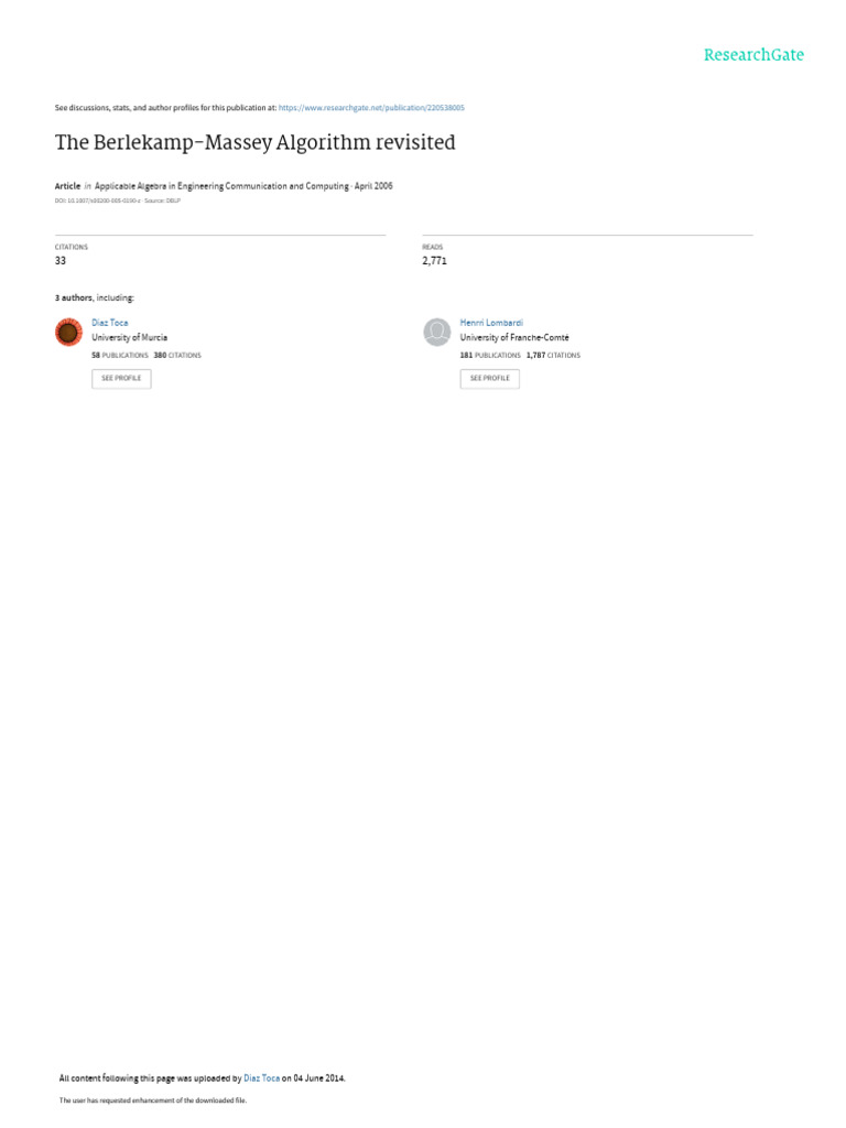 The Berlekamp-Massey Algorithm Revisited | PDF | Polynomial | Mathematical Objects