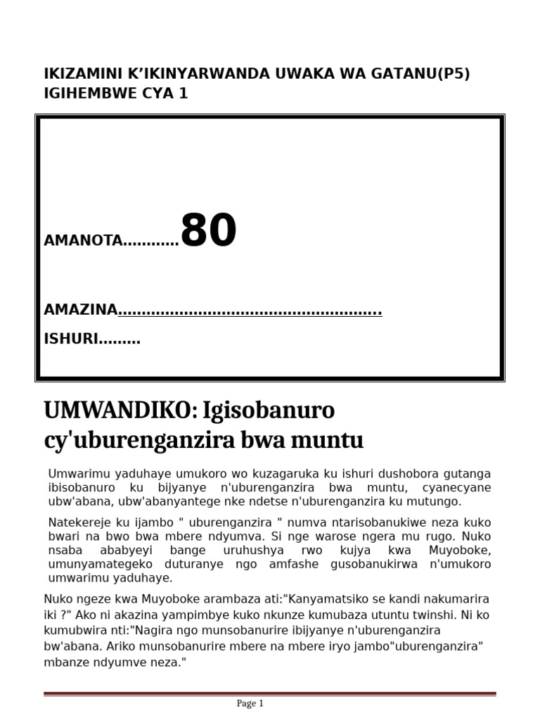 Ikizamini k'Ikinyarwanda P5 2025 | PDF