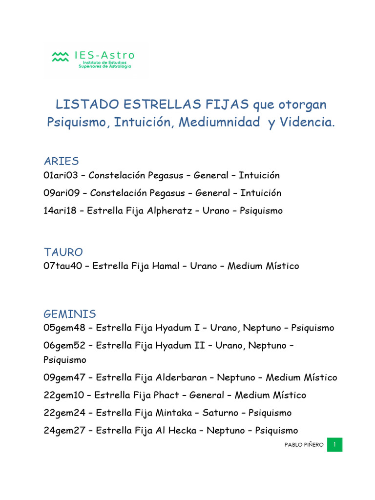 LISTADO DE ESTRELLAS FIJAS QUE OTORGAN PSIQUISMO INSTUICION VIDENCIA ...
