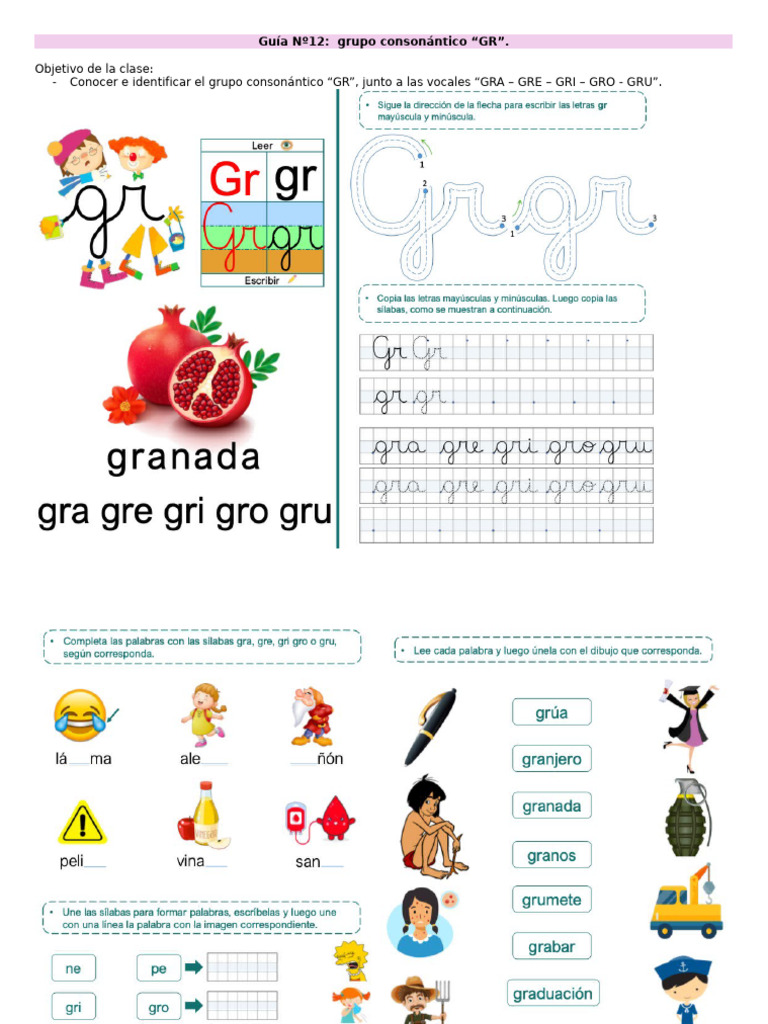 Guía Nº12 grupo consonantico GRA - GRE - GRI - GRO - GRU | PDF
