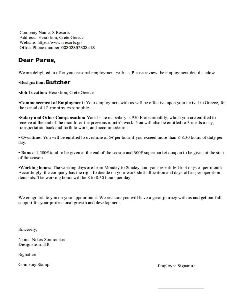 Paras Butcher Offer Letter | PDF
