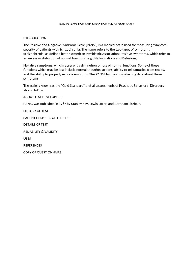 PANSS Assessment for Schizophrenia | PDF