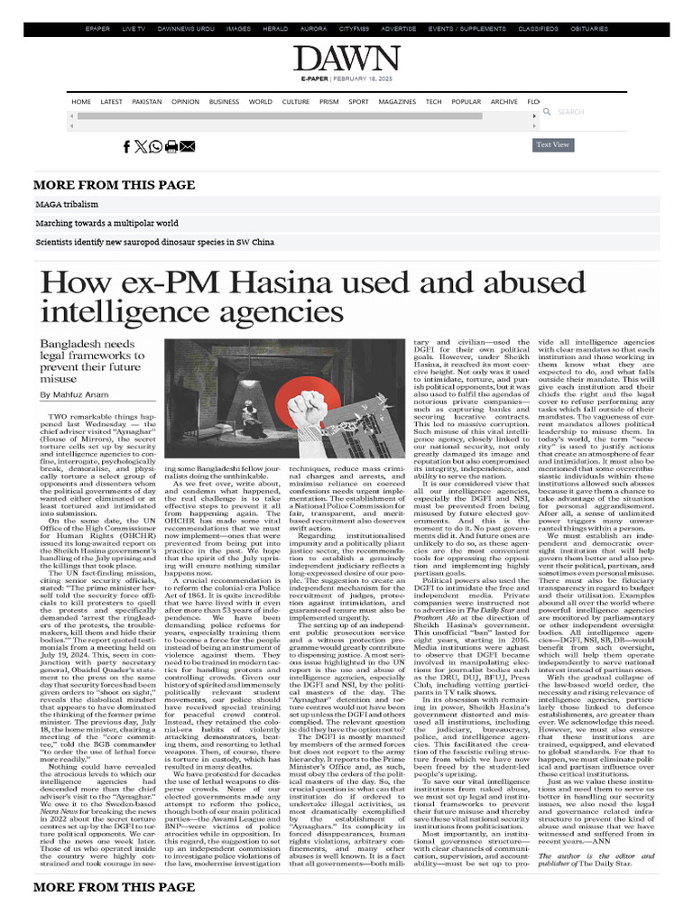 Dawn-ePaper - Feb 17, 2025 - How Ex-PM Hasina Used and Abused Intelligence Agencies | PDF