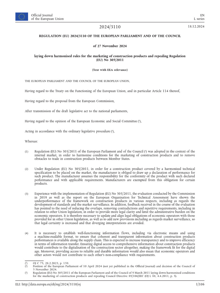 EU Regulation 2024/3110 on Construction Products | PDF | European Union ...
