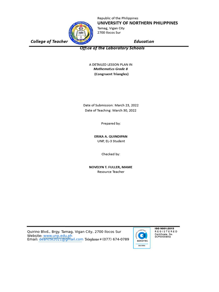 Detailed Lesson Plan in Congruent Triangles Grade 8 - Compress | PDF ...