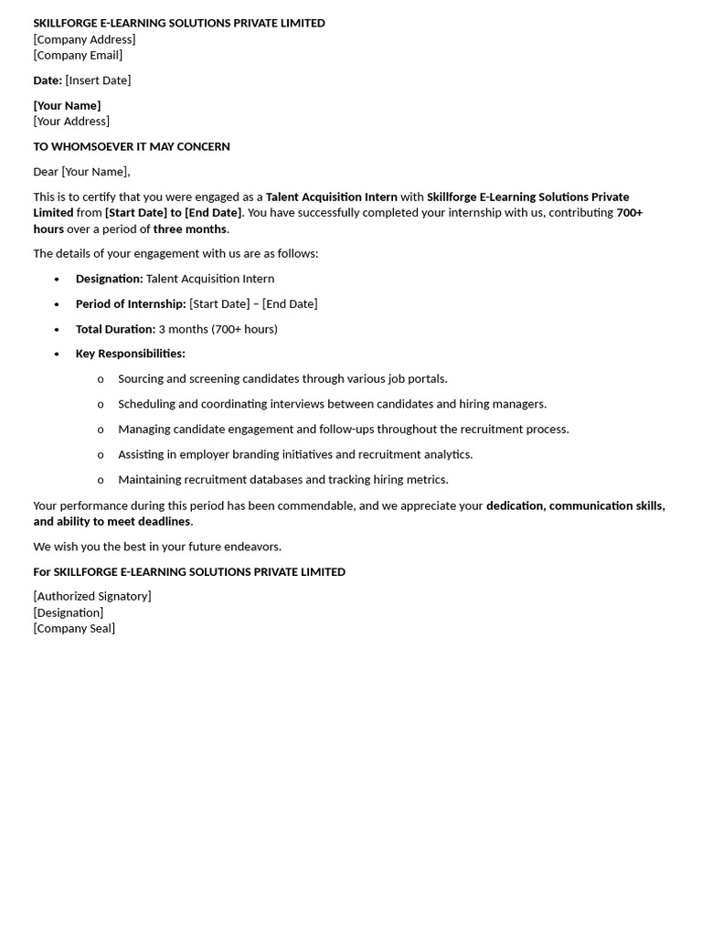 Internship Certificate for Talent Acquisition | PDF