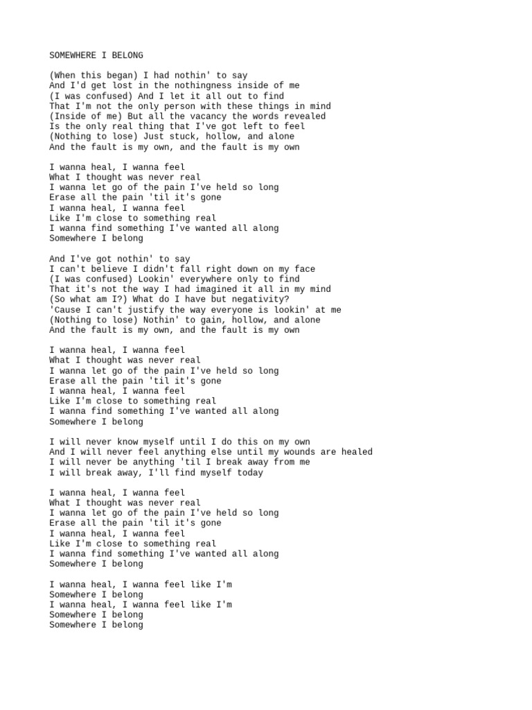 Linkin Park: Somewhere I Belong Lyrics | PDF